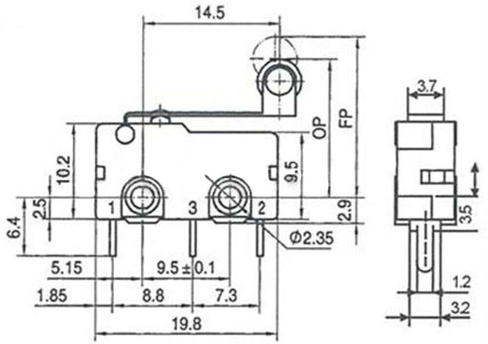 SPDT Micro Limit Switch Roller Lever 5A 3 pins Dim:20*6mm