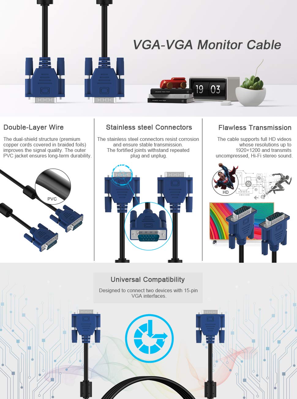 VGA Cable Male To Male 15 Pin 1.5meter | Makers Electronics