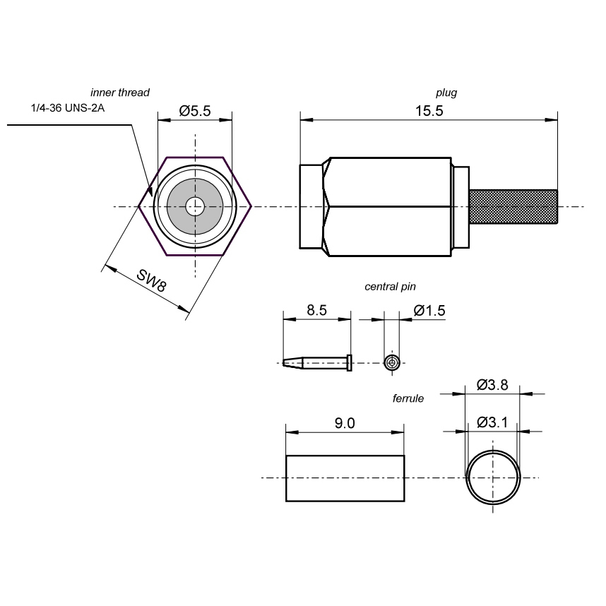 SMA Straight Crimp Male Plug Connector J1.5 for Cable RG174/RG316 ...