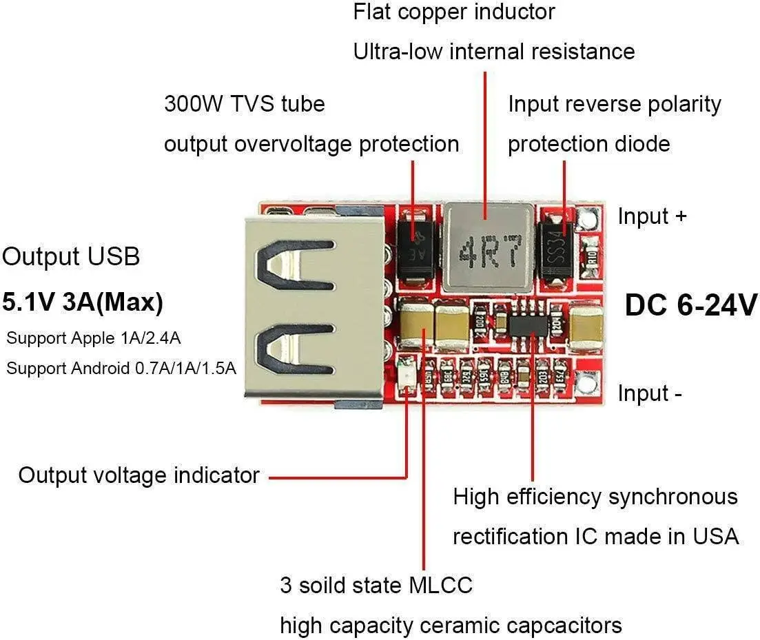 USB DC-DC Step Down Converter Module 6-24V to 5V 3A