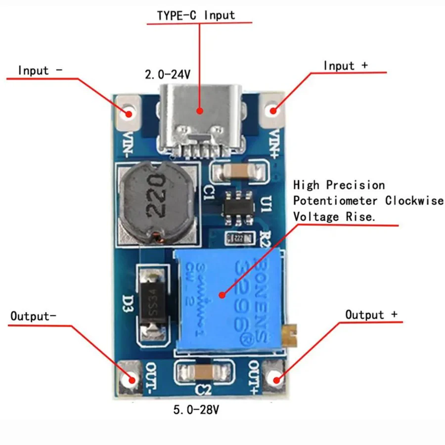 MT3608 DC-DC Step Up Power Boost Module 2A with Type-C USB